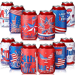 24 Pcs 4th of July Can Cooler Sleeve Independence Day Can Coolers American Flag Patriotic Funny Collapsible Neoprene Insulators for 12 oz Beer Drink Can Bottle Party Supplies