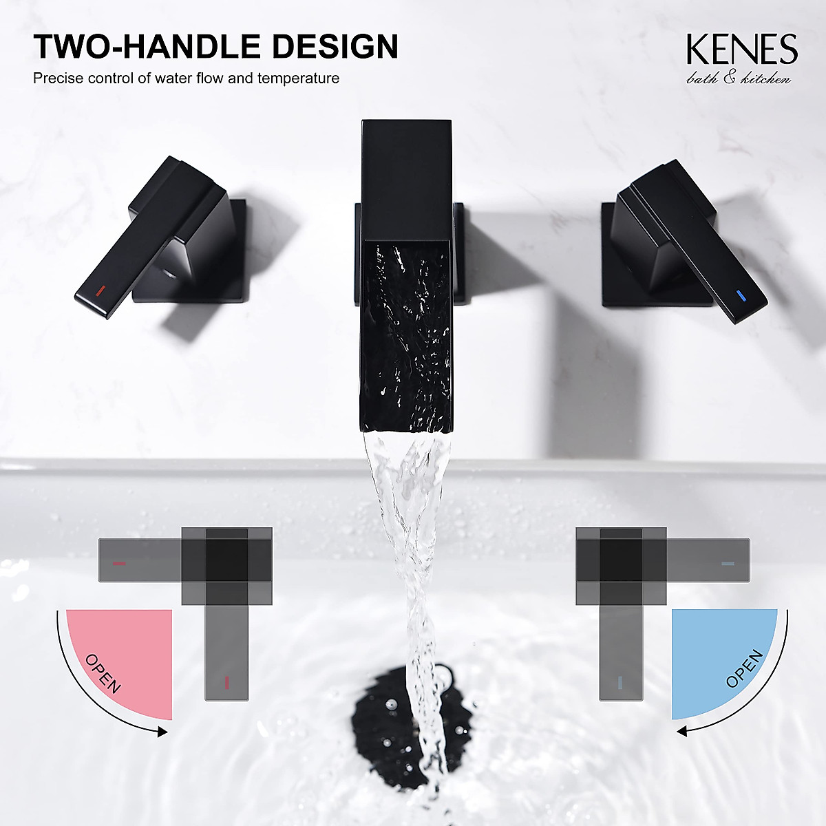 KENES Matte Black 8 Inch Waterfall Widespread Bathroom Faucet 3 Hole, Two-Handle Waterfall Bathroom Sink Faucet, Modern Bathroom Faucets with Supply Lines, KE-9052-2