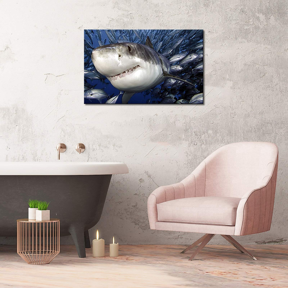 KLVOS Blue Ocean Wall Art Great White Shark Catching Fish Pictures Prints On Canvas Underwater Animal Painting Artwork Decor for Bathroom Bedroom Living Room Home Decoration16x24inch