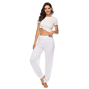 AvaCostume Womens Harem Yoga Pants Side Slit Sport Workout Sweatpants White M