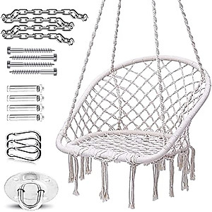 Hammock Chair, Ohuhu Max 330 LB Hanging Chairs with Durable Hanging Hardware Kit, Indoor & Outdoor Use Hammock Chair Macrame Swing, Cotton Rope Handmade Knitted Mesh for Bedroom, Patio, Yard, Garden