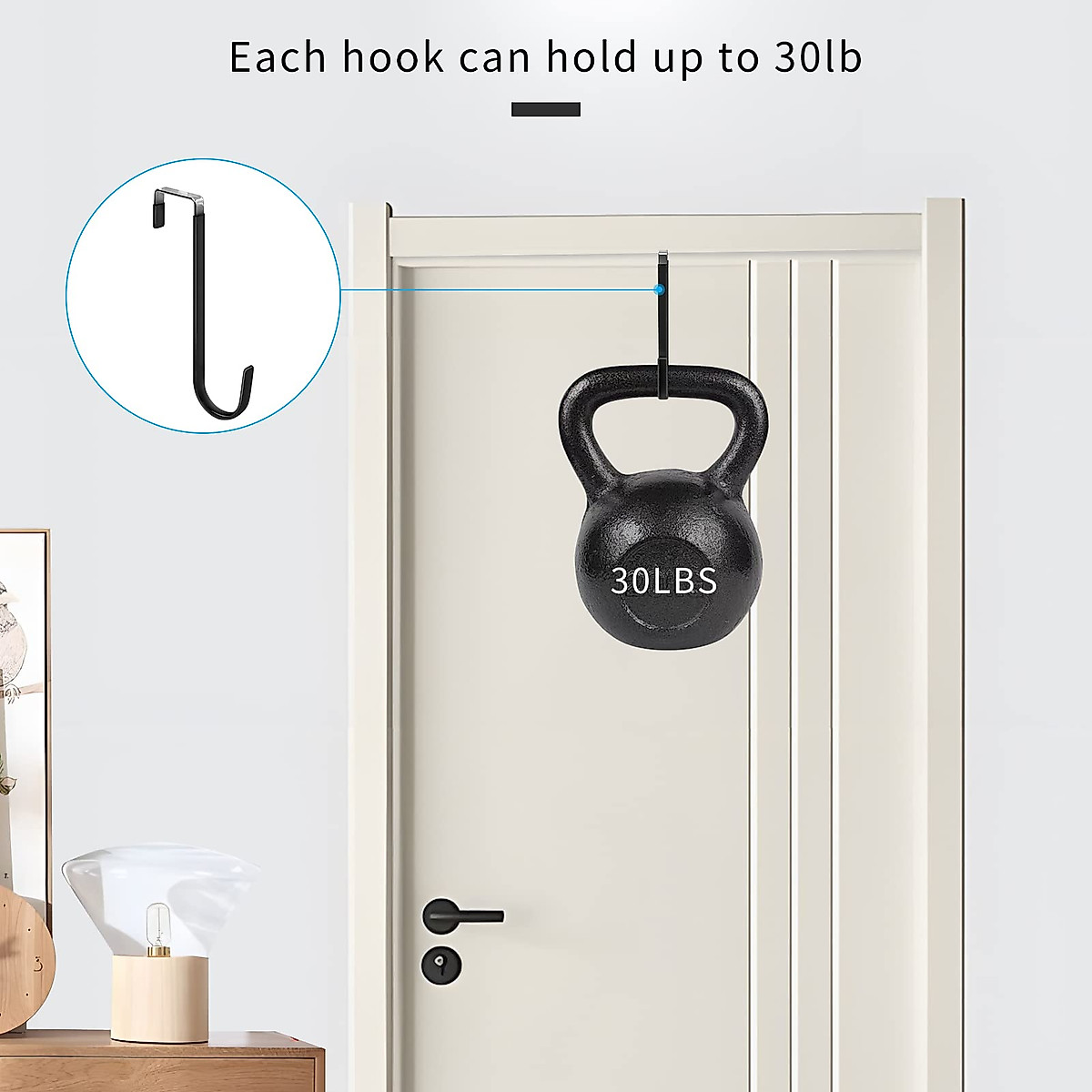 FYY Over The Door Hooks, 4 Pack Upgraded Long Door Hangers Hooks with Rubber Prevent Scratches Heavy Duty Organizer Hooks for Hanging Clothes, Towels, Hats, Coats, Bags Black