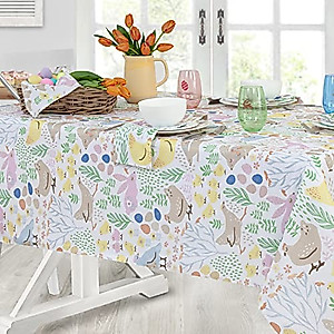 Home Bargains Plus Easter Fun Fabric Tablecloth, Bunny Rabbit, Easter Egg and Chicks Print Stain and Wrinkle Resistant Spring Tablecloth, 52” x 52” Square