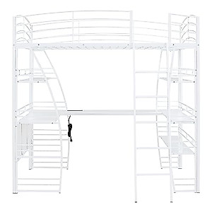 HAUSHECK Full Size Loft Bed with L-Shaped Desk & 4-Tier Open Shelves & Sockets & USB Ports & Wireless Charging Design, Sturdy Metal Bedframe w/Ladder & Safety Guardrails for Kids Teens Adults