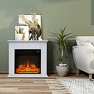 25 Inch 1400W Deluxe Electric Fireplace Mantel Heater, Wooden Freestanding Portable Patio Hearth Space Stove with Remote Control & Realistic Flames Remote Control for Home Room Indoor-White