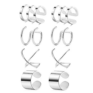 Tornito 4-10 Pairs Stainless Steel Ear Cuff Helix Cartilage Clip On Wrap Earrings Fake Nose Ring Non-Piercing Adjustable (A4: 4 Pairs, Silver Tone)