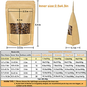 Blisstime Stand Up Pouch Bags, 50 Pack Kraft Pouch with Tear Notch and Matte Window, Heat sealable Zip Lock Food Storage Bag (3.5" X 5.5")