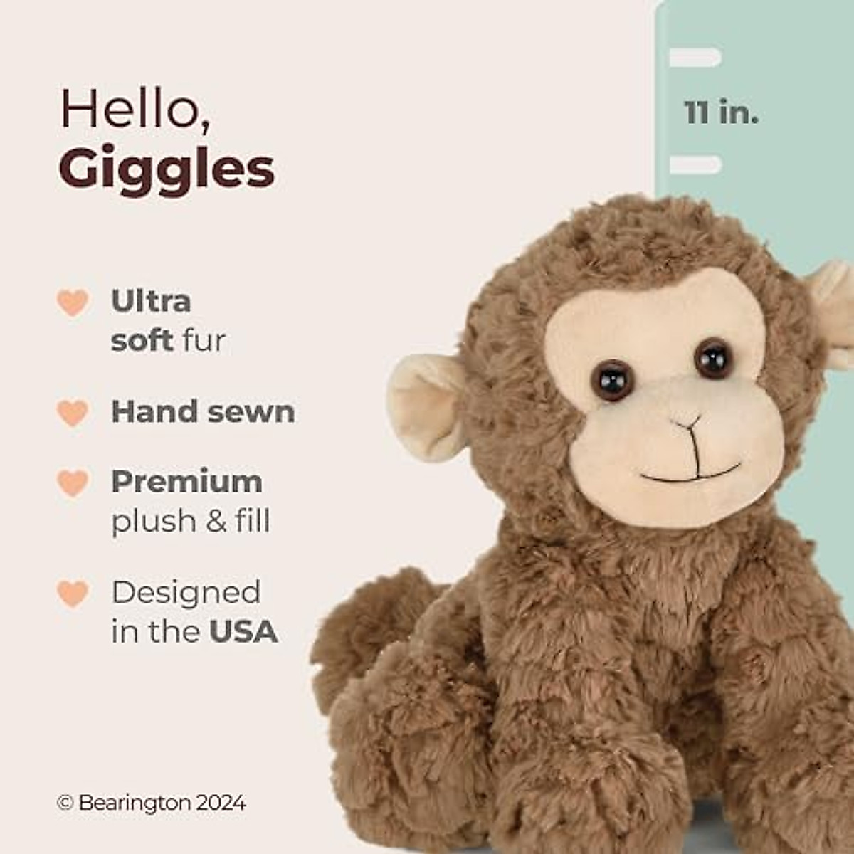 Bearington Collection Giggles Monkey Stuffed Animal 11 In - Monkey Plush Toy for Kids