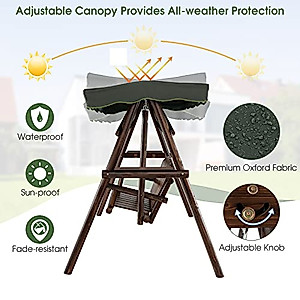 Tangkula Wooden Porch Swing, 2 Person A-Frame Outdoor Swing with Adjustable Canopy, Armrest, 2 Side Tables, Outdoor Swing with Wood Stand for Garden, Backyard, Deck, Poolside (Rustic)