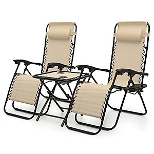 Magshion Zero Gravity Chairs Set of 2 with Side Table Adjustable Folding Outdoor Lounge Recliner for Patio Garden Beach Camping, Beige