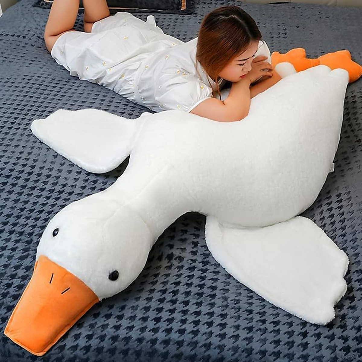 Giant White Goose Plush-Soft Furry Swan Stuffed Animal Pillow,Huge Goose Plush Hugging Pillow Gifts for Every Age (51.2in)