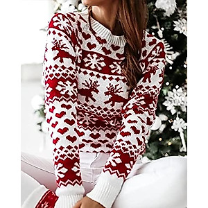 ZAFUL Women's Christmas Reindeer Xmas Snowflake Patterns Knitted Sweater Long Sleeve Elk Floral Printed Pullover White