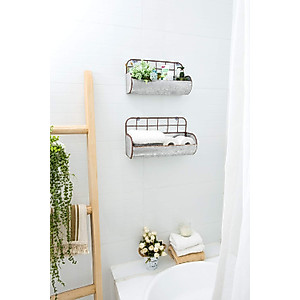 Dahey Farmhouse Galvanized Wall Basket Decor Bathroom Storage Bin Organizer Rustic Metal Wall Planter Wire Back Hanging Shelves for Bedroom Living Room Kitchen Apartment Entryway Laundry, Set of 2