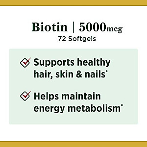 Nature's Bounty Biotin, Vitamin Supplement, Supports Metabolism for Energy and Healthy Hair, Skin, and Nails, 5000 mcg, 72 Softgels