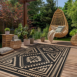 GENIMO Outdoor Rug for Patio Clearance, 5' x 8' Waterproof Plastic Straw Mat, Reversible Camping Carpet, Large Area Rugs Mats for Rv, Backyard, Deck, Porch, Picnic, Beach, Balcony, Black & Brown