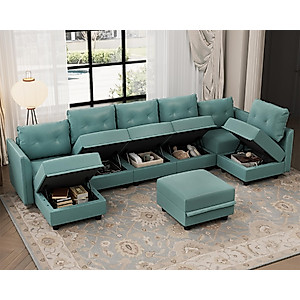 LLappuil Modular Sectional Sofa with Reversible Chaise, U Shaped Couch with Storage, Modern Faux Leather Fabric Sofa with Ottoman, Oversized Sectionals for Living Room, 8 Seat, Aqua Blue
