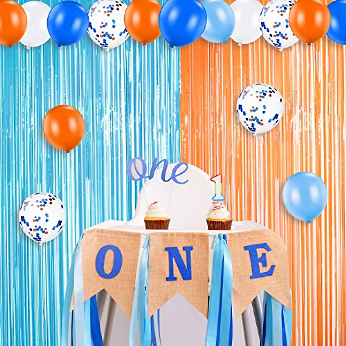 Blue and Orange Party Decoration 63 Pcs Orange and Blue Balloons Garland 2 Pcs Orange Light Blue Foil Fringe Curtain Confetti Balloons for Birthday Party Baby Shower Wedding Anniversary Graduation