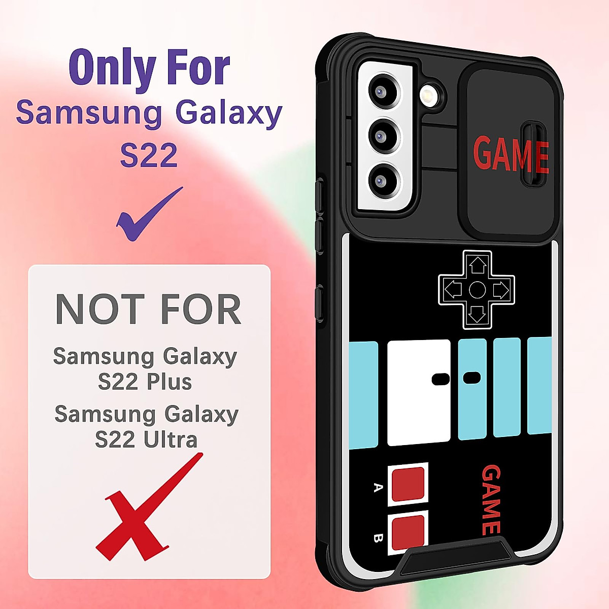 Funermei (2in1 for Samsung Galaxy S22 Case for Women Boys Cute Cover Cartoon Teens Fun Funny Game Black for Men Kids Design with Camera Cover and Ring Stand Funda for Galaxy S22 Phone Cases