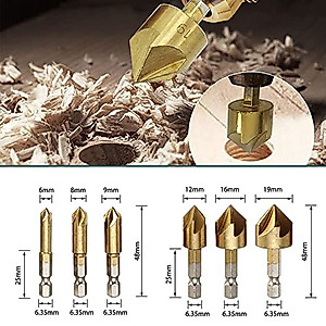 ARUGOU 23-Pack Woodworking Chamfer Drilling Tool Set, 8PCS Wood Plug Cutter, 7PCS Three-Pointed Countersink Drill Bit & L-Wrench, 6PCS 1/4"Hex 5 Flute Countersink Drill Bit (High Speed Steel)