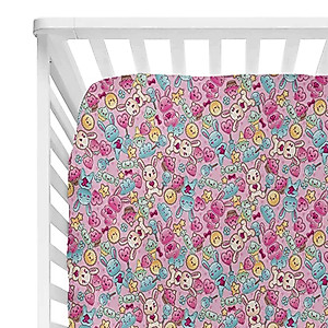 Lyzelre Baby Fitted Crib Sheet,Kawaii Bunnies Ice Cream and Candies Doodle Style Cartoon Drawing Abstract Microfiber Silky Soft Toddler Mattress Sheet Fitted,28"x 52"x 8'',Baby Sheet for Boys Girls