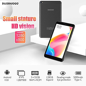 DUODUOGO Tablet with Keyboard, 2 in 1 Tablet Android 8 inch Quad Core 3GB RAM + 32GB ROM, 128GB Expandable, WiFi, HD IPS Display, Android 10, Dual Camera, 5000mAh, Bluetooth, GPS