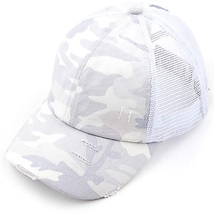 Funky Junque Criss Cross Hat Womens Baseball Cap Distressed Ponytail Messy Bun Trucker Ponycap (Camo White)