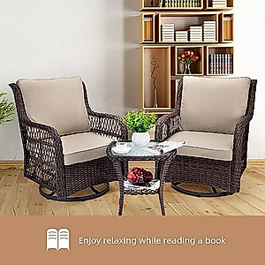 GAOMON 3 Pieces Outdoor Wicker Swivel Rocker Patio Set with Premium Fabric Cushions, 360° Swivel Rocker Patio Chairs Set of 2 and Matching End Table for Backyard, Garden, Yard, Balcony (Beige)
