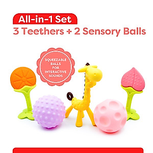 Silicone Teething Toys - Sensory Balls for Babies 0-6 Months - 6-12 Months -Soft Teethers for Baby Soothing and Calming Sensory Teether Toys 5 Pack