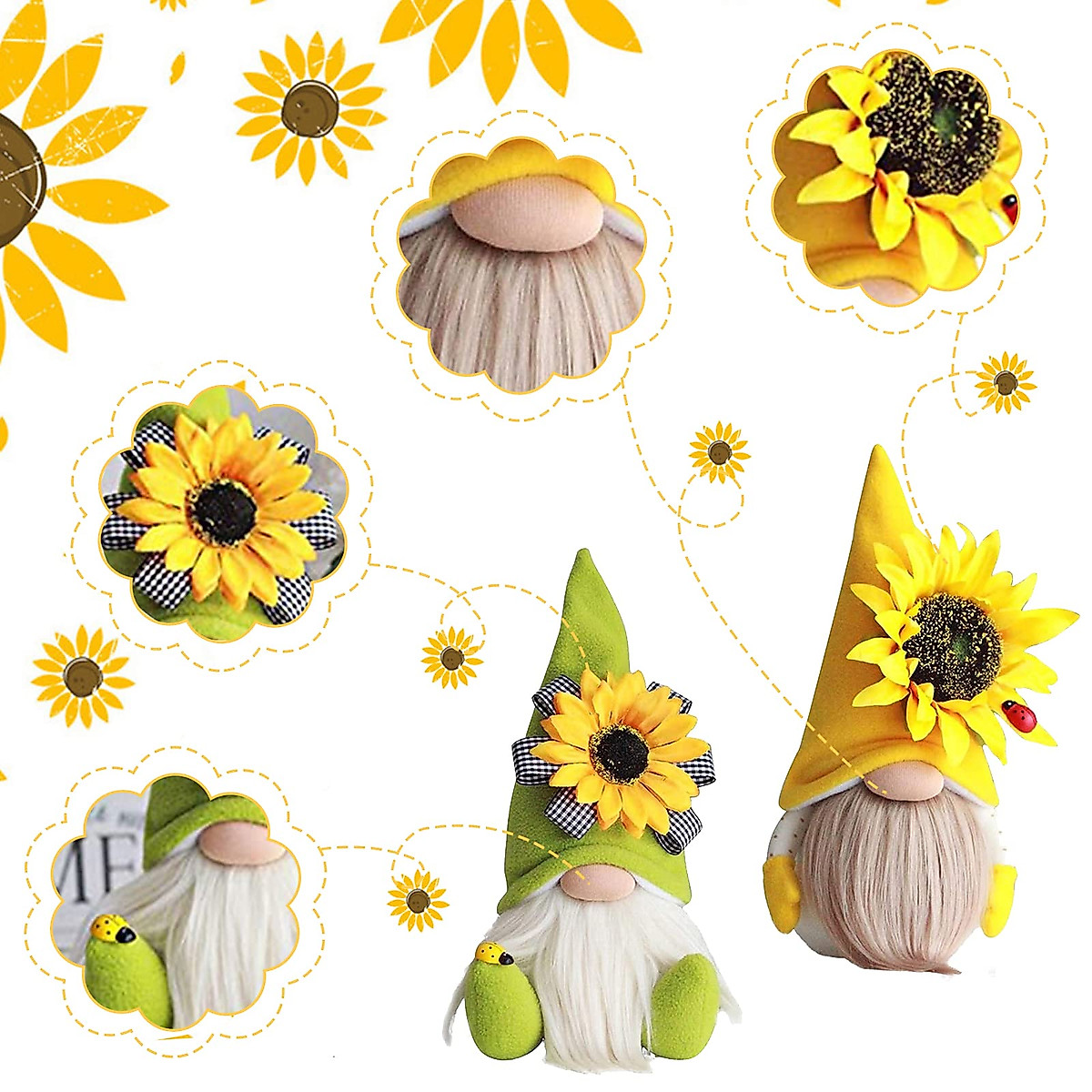 BERNIE ANSEL 2 Pcs Sunflower Gnome,Summer Gnomes Flannelette Doll, Spring Gnomes Plush, Spring Cute Faceless Doll Tomte Nisse Elf Bee Festival Home Farmhouse Kitchen Decor