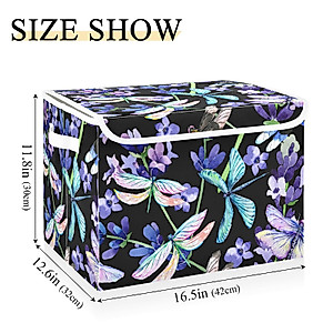 ALAZA Collapsible Large Storage Bin with Lid, Lavender Dragonfly Foldable Storage Cube Box Organizer Basket with Handles, Clothes Blanket Box for Shelves, Closet, Nursery, Playroom