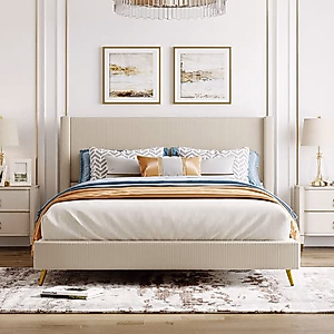 Queen Bed Frame Upholstered Platform with Headboard, Strong Frame and Wooden Slats Support, Corduroy Fabric Wrap, Non-Slip and Noise-Free,No Box Spring Needed, Easy Assembly (Beige)