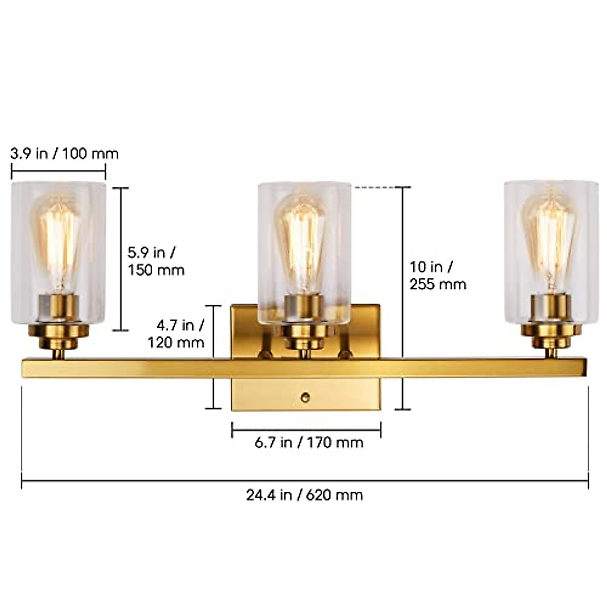 Bathroom Vanity Light, Wall Sconces 3 Lights Brass, Vintage Vanity Lighting Fixture, Over Mirror Light with Clear Glass Shades for Hallway, Kitchen, Living Room, Bedroom