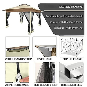 HOTEEL Gazebos 12x12 Gazebo with Mosquito Netting Pop Up Gazebo Base 10x10 Patio Gazebo Canopy with Mosquito Net Screened Gazebo with Vented Top,Storage Bag and 4 Weights for Backyard(Khaki)