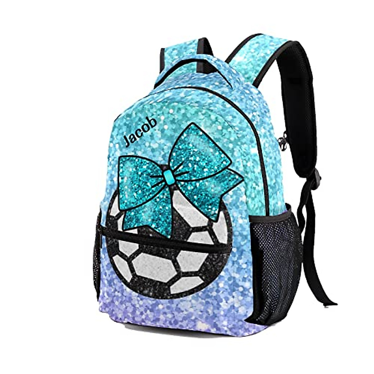 NZOOHY Blue Glitter Soccer Bow Personalized Kids School Backpack Custom for Boys Girls Primary Daypack School Bookbag Travel Bag