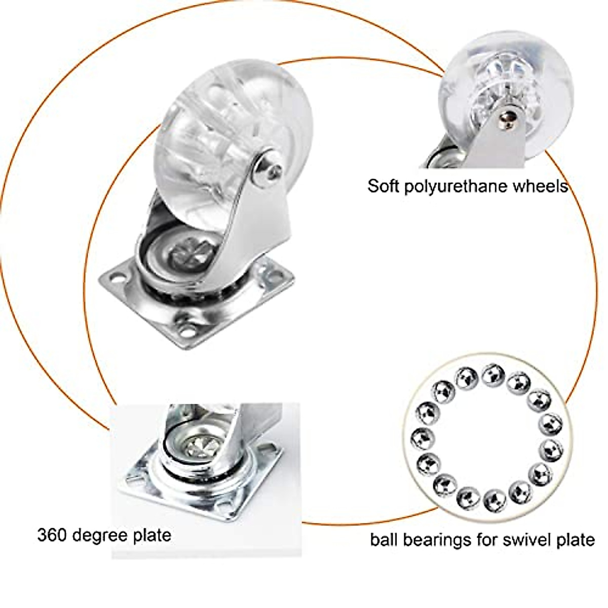 Swivel Caster Wheels for Furniture, 2 Inch Heavy Duty Castor Wheels Set of 4, Crystal Clear Polyurethane Rolling Castors with 360 Degree Plate for Cabinet,Ottoman,Bench (500LBS,Screws Included)