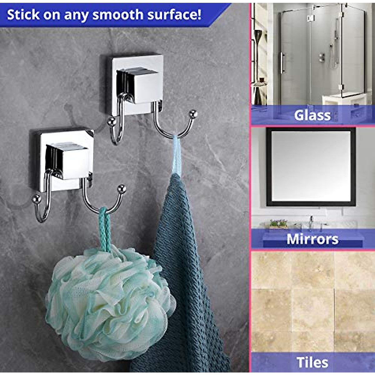 HOME SO Suction Cup Hooks for Shower, Bathroom, Kitchen, Glass Door, Mirror, Tile – Loofah, Towel, Bath Robe Removable Hook Holder – Prisma Collection, Stainless Steel Chrome (2-Pack)…