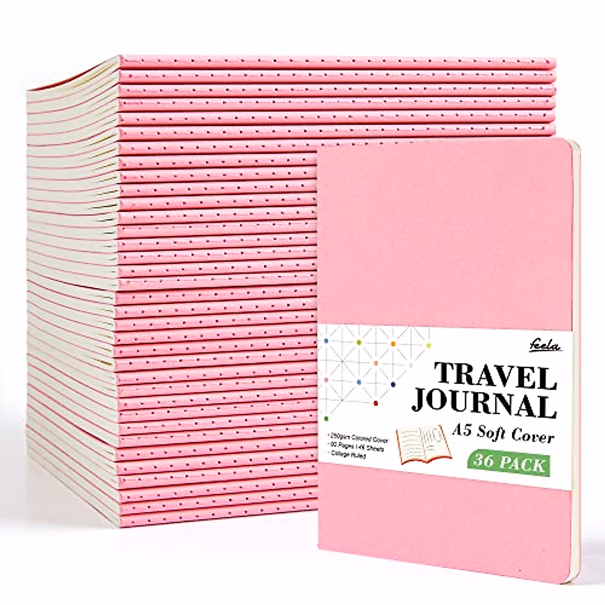 feela 36 Pack Soft Cover Journal Bulk, Lined Blank Travel Journal for Women Men Writing, Notebooks College Ruled for Work, Note Taking Notebook School Business Supplies, 8.2” x 5.5”, A5, Pink