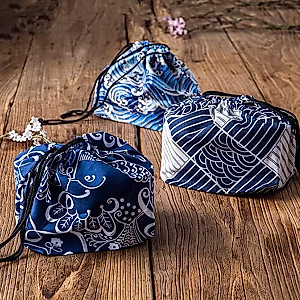 3PCS Lunch Tote Bag Japanese Style Drawstring Bento Pouch Portable Bento Storage Bag for Work Picnic or Travel, Blue
