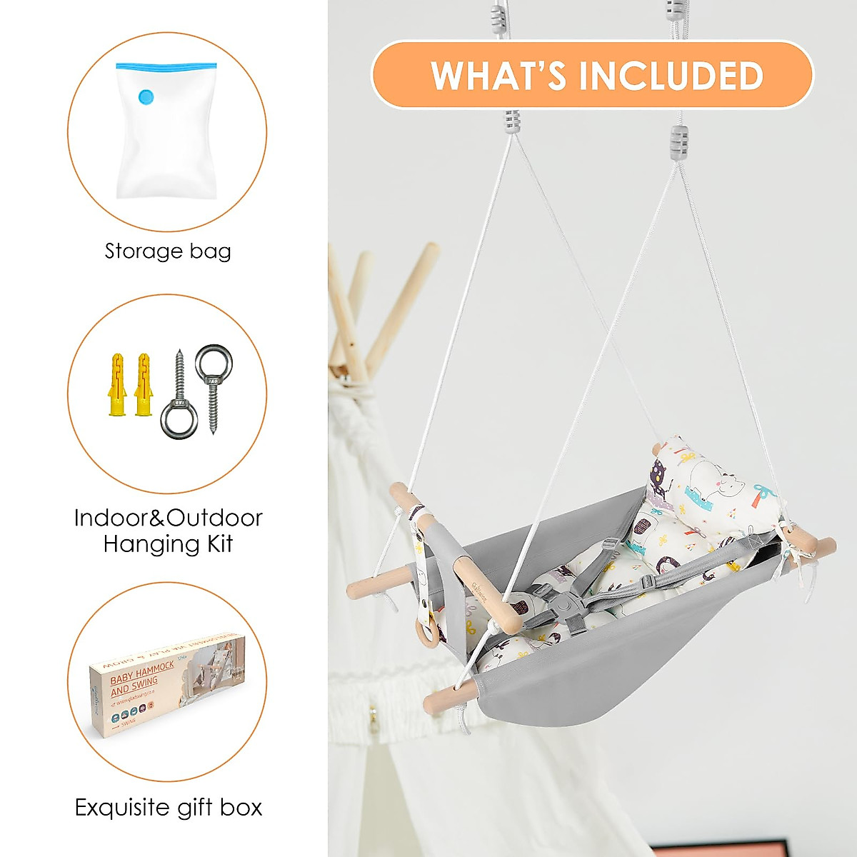 Baby Swing for Baby and Toddler, Canvas Baby Hammock Swing Indoor and Outdoor with Safety Belt and Mounting Hardware, Wooden Hanging Swing Seat Chair for Baby up to 4 Year - Cute Animal