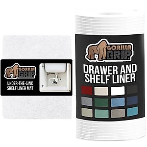 Gorilla Grip Under Sink Mat and Drawer Liner, Under Sink Mat Size 24x24 in White, Absorbent Mat for Below Sinks, Drawer Liner Size 17.5x20 in Clear, Strong Grip Liners for Drawers, 2 Item Bundle