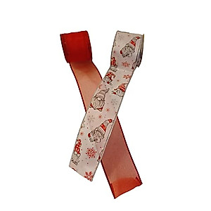Set of 2 Spools of Wired Edge Festive Holiday Christmas Ribbon with Adorable Gnomes & Beautiful Sparkling Red