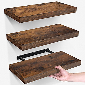 LaVie Home Floating Shelves, 15.6 Inch Wall Shelf Set of 3, Hanging Shelf with Invisible Brackets, Wall Decor for Bathroom, Bedroom, Living Room, Kitchen Storage, Rustic Brown