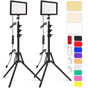 Unicucp 2 Packs LED Video Light Kit with 61.99" Tripod Stand, Dimmable 2400-6800K Photography Lighting for Studio Portraits/YouTube/Zoom Meeting/Live Stream/Makeup, 9 Color Filters/USB Wall Charger