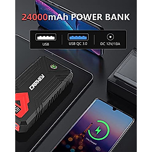 CARHEV 3000A Jump Starter, 24000mAh Car Battery Jump Starter (up to 8.0L Gas and 8.0L Diesel Engine) Battery Jumper Starter Portable, 12V Car Jumper Starter Portable with LED Light and USB QC 3.0
