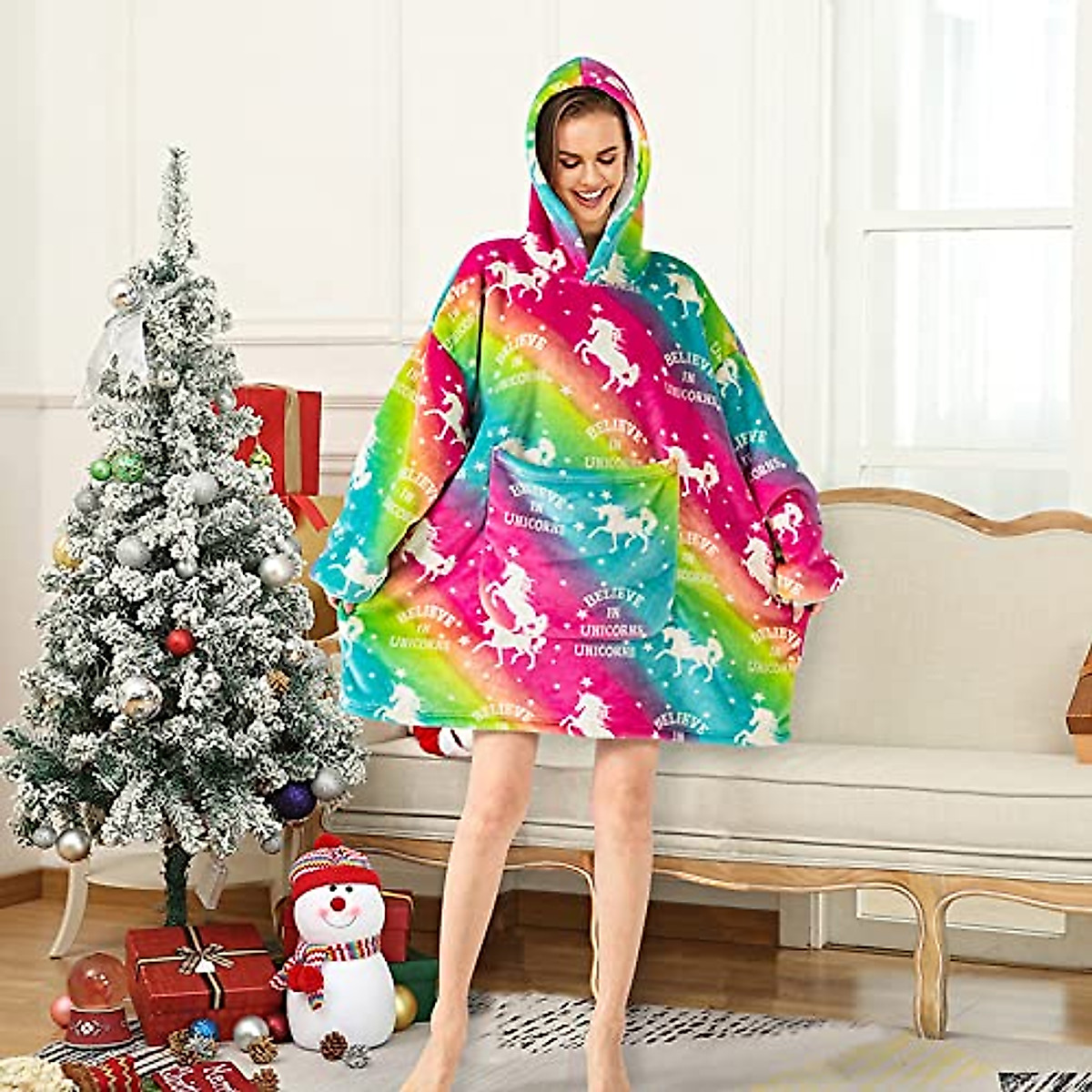 Queenshin Rainbow Unicorn Oversized Hoodie Wearable Blanket for Womens Teens Girls, Kawaii Adults Comfy Sherpa Hoody Sweatshirt with Pockets, One Size for All