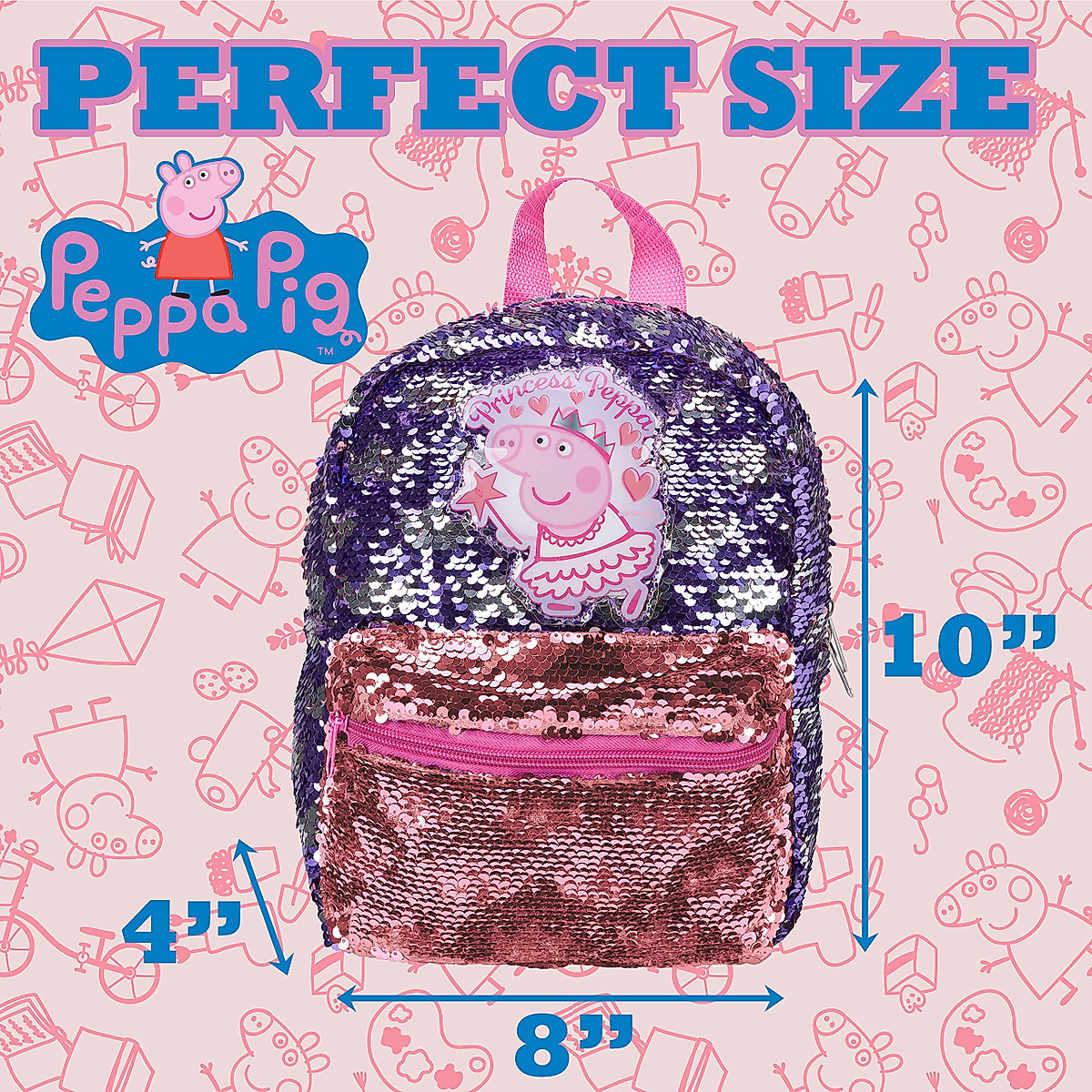 Peppa Pig Mini Backpack for Girls for Kindergarten & Elementary School, 10 Inch, Flip Sequins Patch, Adjustable Straps, Lightweight Travel Bag for Kids