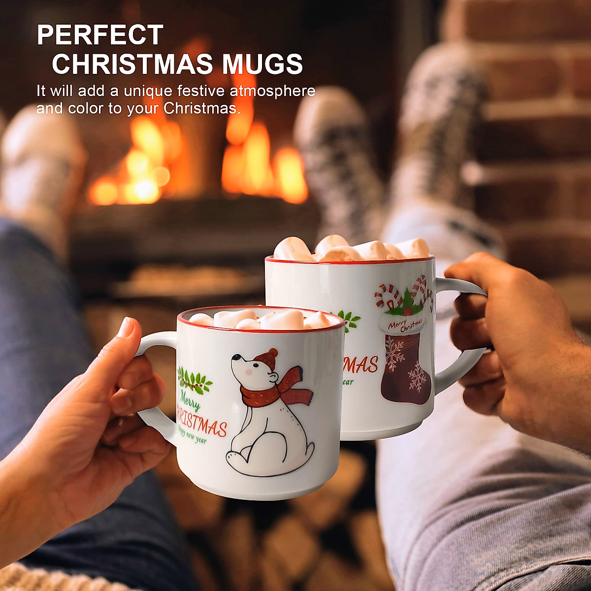 QIKSION Christmas Mugs Set of 6, 14oz Cute Ceramic Coffee Mugs, Stackable Christmas Coffee Mugs as Christmas Gifts for Family, Friends and Colleagues
