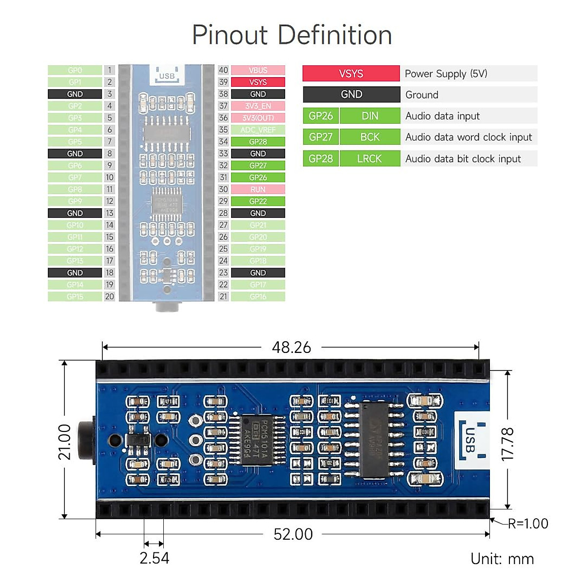 Waveshare Audio Expansion Module for Raspberry Pi Pico Wide Range Audio Sampling Rate Headphone and Speaker Signal Output at The Same Time