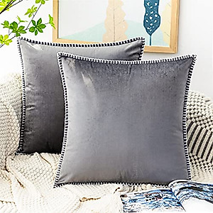 GAWAMAY Gray Throw Pillow Covers 16x16 Inch Soft Taupe Grey Velvet Pillow Cover with Chenille Edge, Winter Farmhouse Decorative Pillow Caces for Holiday Living Room Sofa Couch Beding (40x40cm)