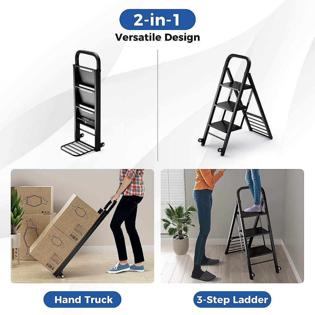S AFSTAR 2-in-1 Folding Ladder & Hand Truck Combo, 3-Step Step Ladder with Wheels, Convertible Hand Cart with Wide Steps, 550 Max Load, Heavy-Duty Metal Dolly Cart Ladder for Home Office Garage
